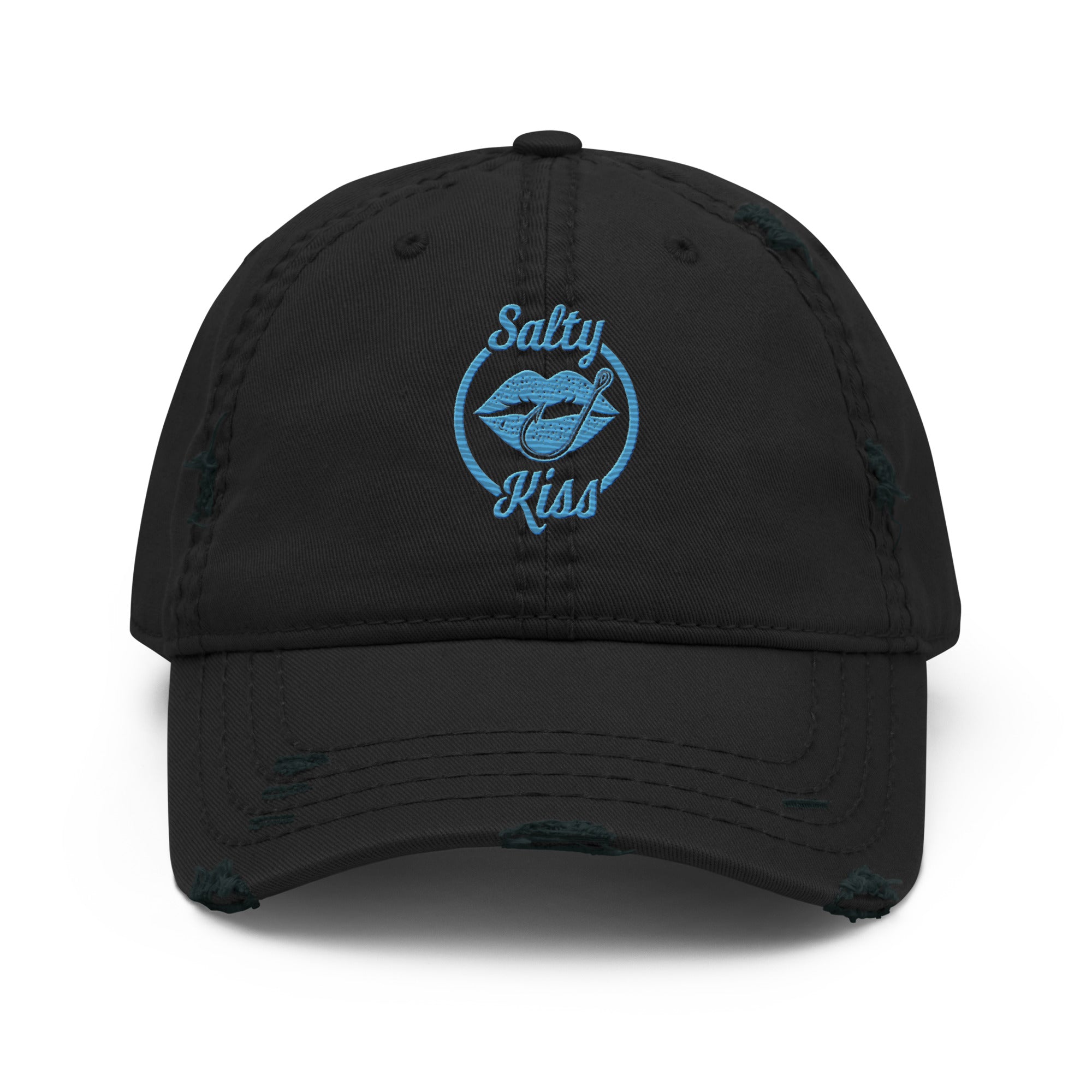 "Salty Kiss" Unisex Distressed Cap - blue logo – Salty Kiss Shop